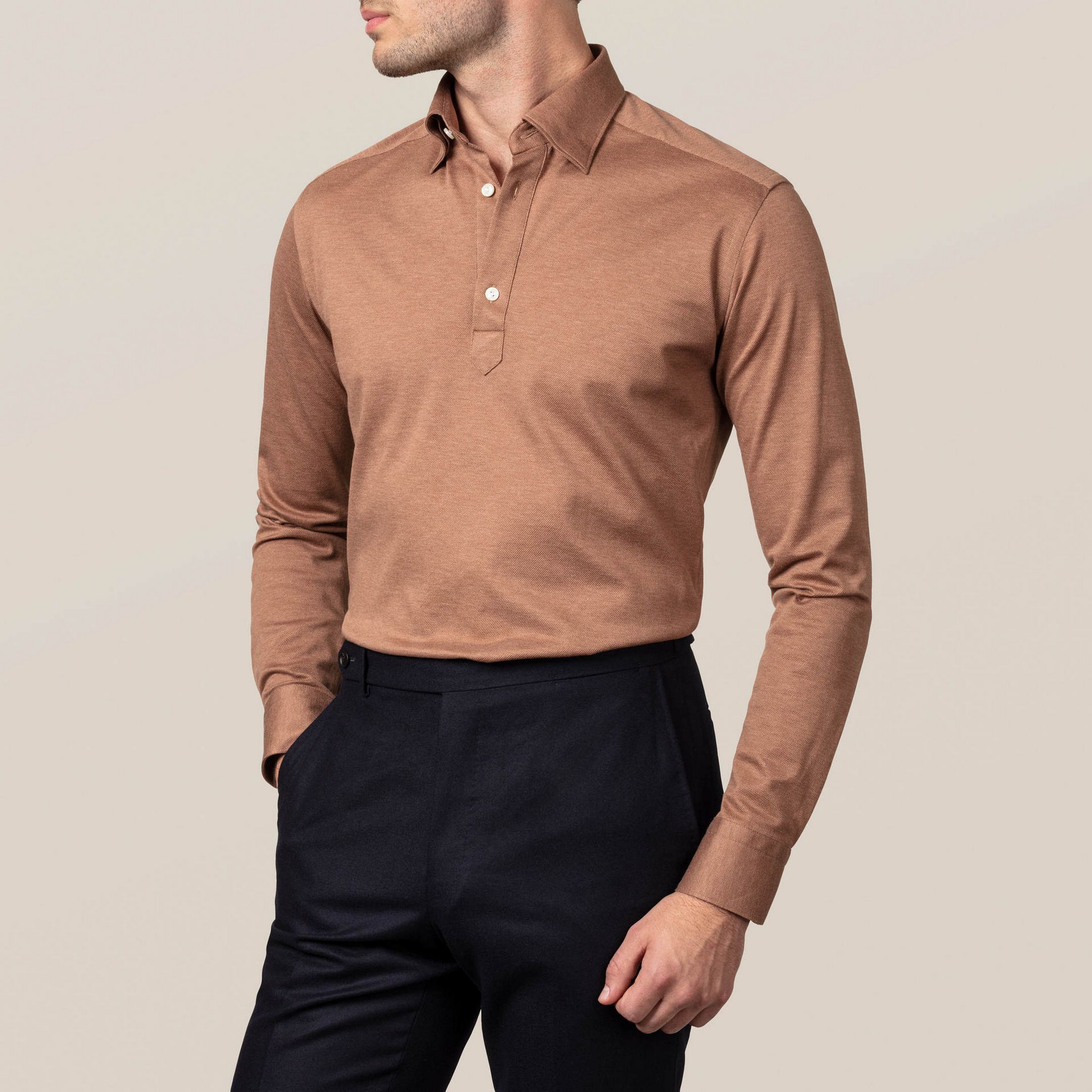 Eton Piqué Long Sleeve Button Under Polo Shirt in kleur Nougat | Jan ...
