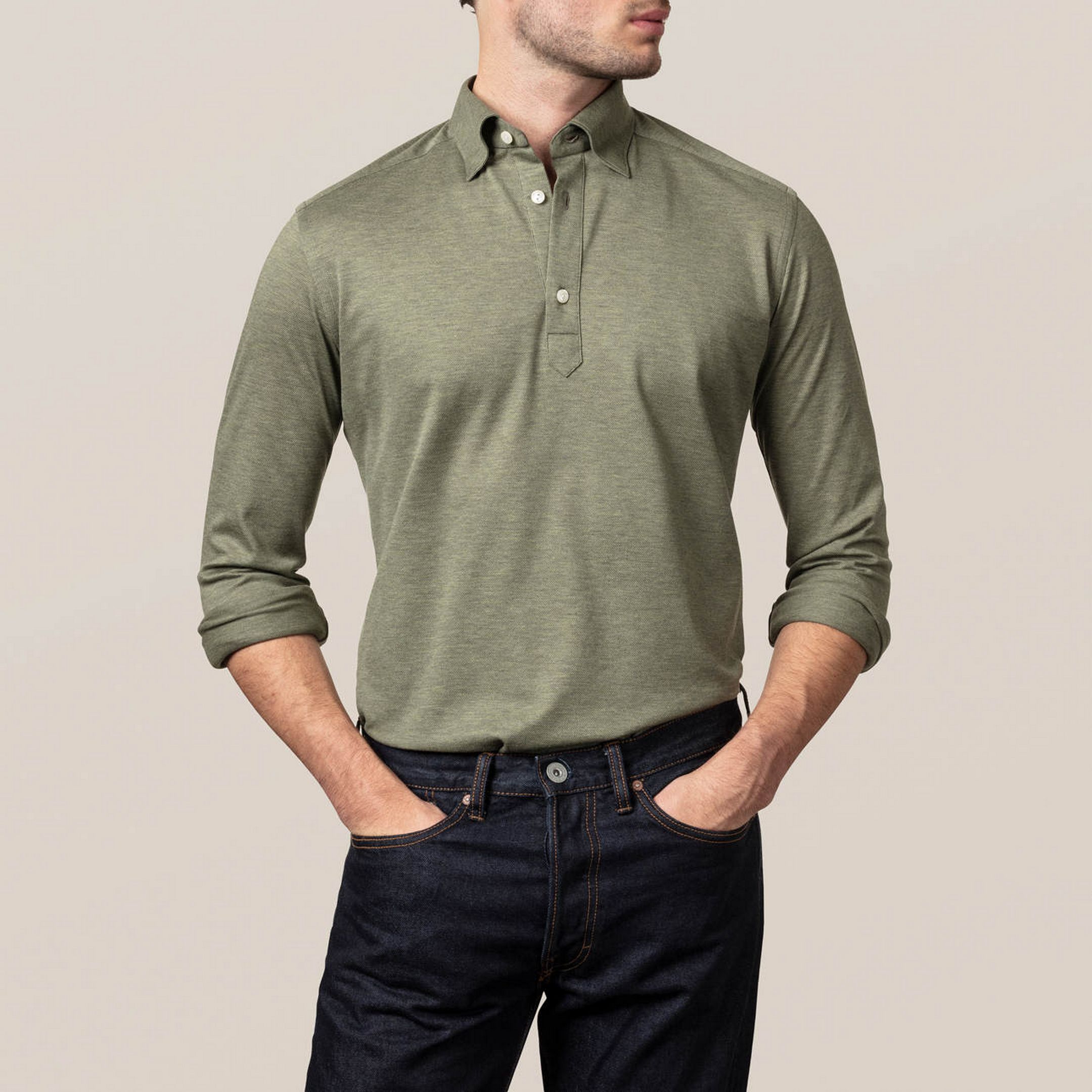 Eton Piqué Long Sleeve Button Under Polo Shirt in kleur Olive | Jan ...